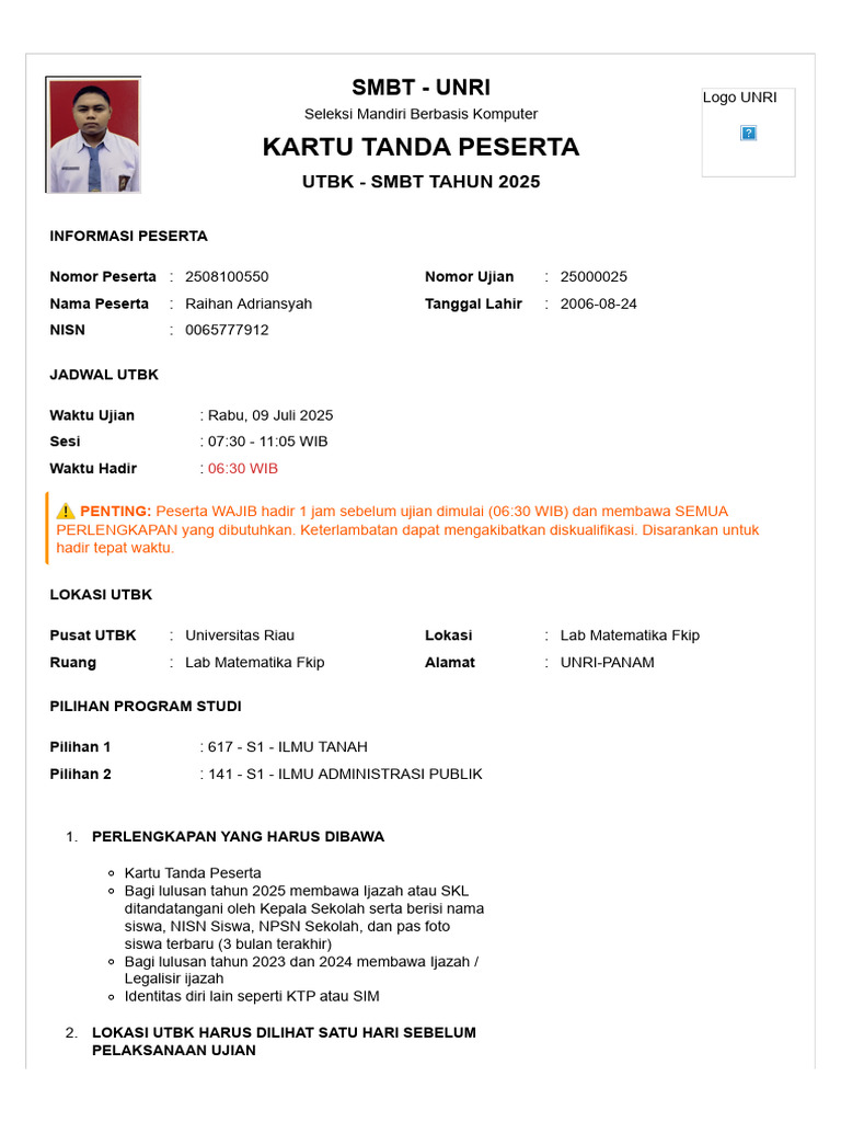 Kartu Tanda Peserta UTBK-SNBT 2025 | PDF