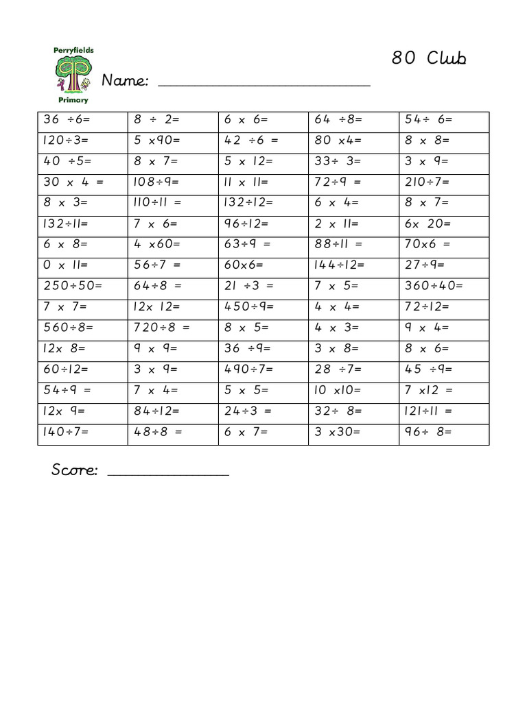 80 Club All X Tables Division Multiples of 10 | PDF