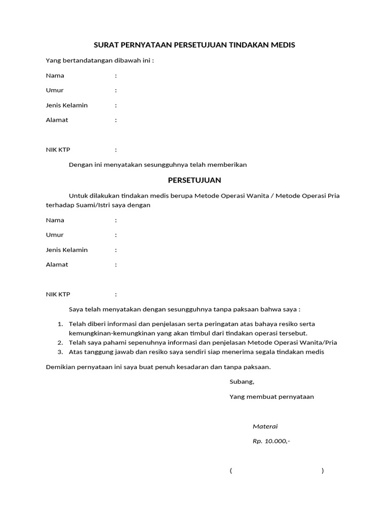 Surat Pernyataan Persetujuan Tindakan Medis Mow-Mop | PDF