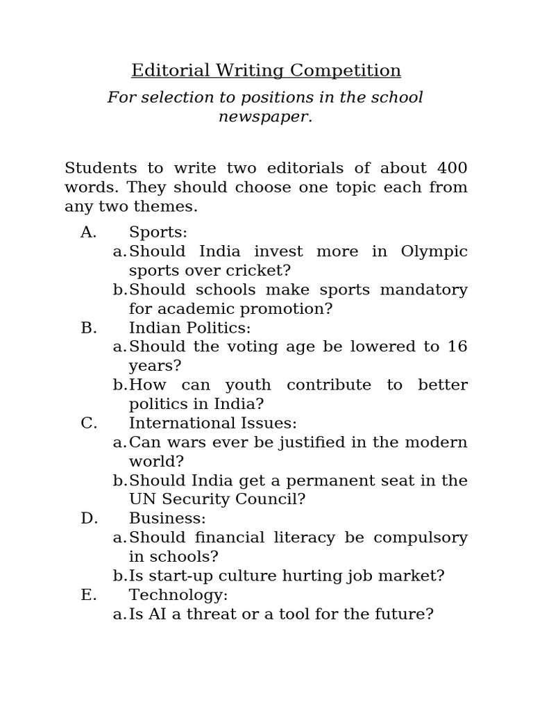 Editorial Writing Competition Topics | PDF