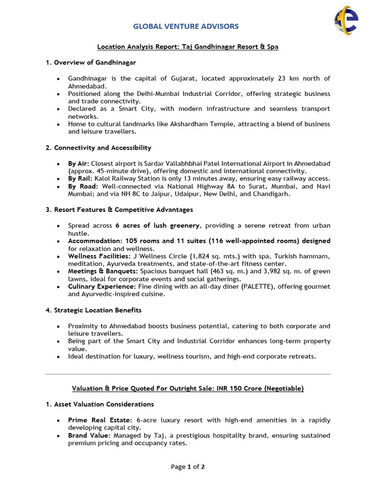 Taj Gandhinagar Resort Investment Overview | PDF | Valuation (Finance ...