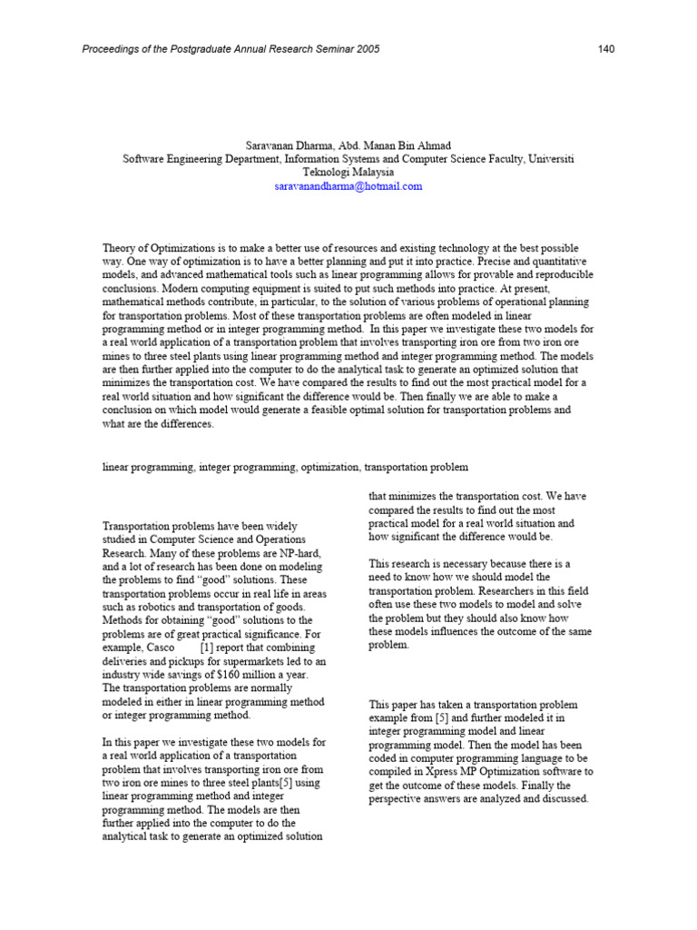 Optimization of Transportation Problem With Computer Aided Linear Programming | PDF | Linear ...
