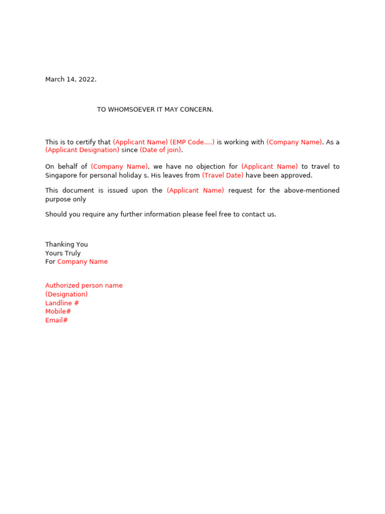 Singapore Noc and Leave Letter | PDF