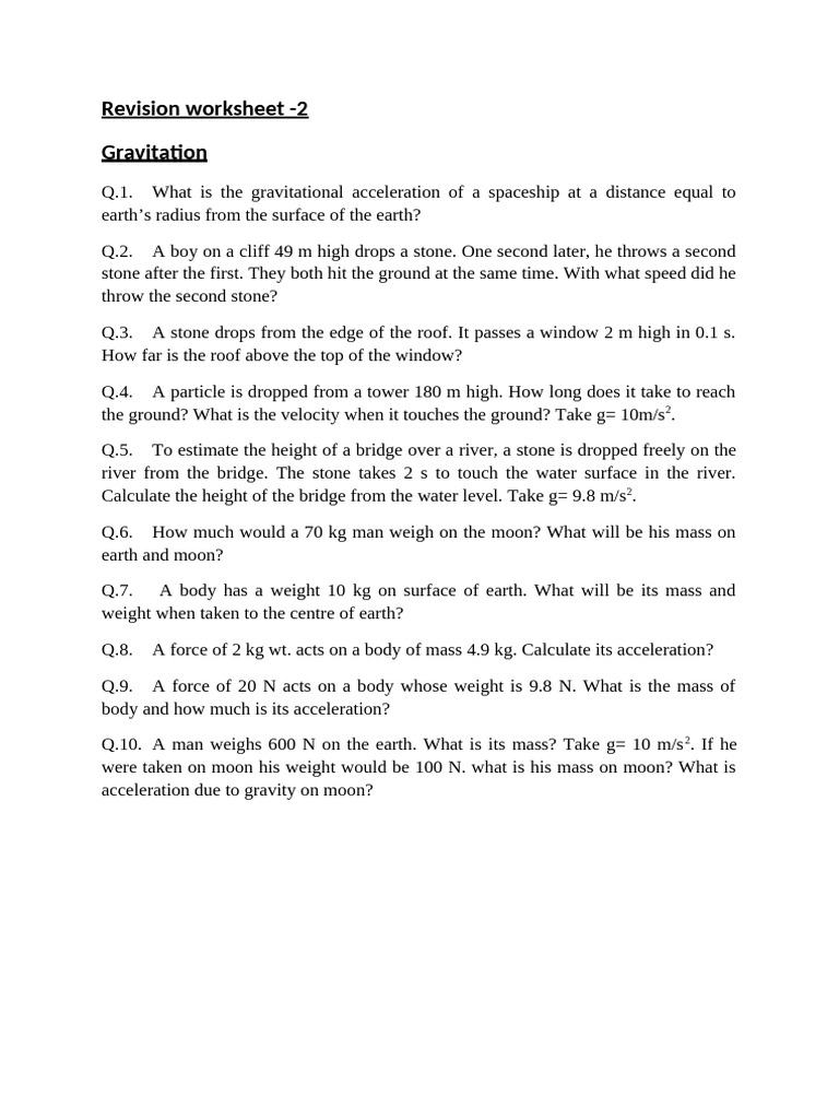 Revision Worksheet - 2 Gravitation | PDF