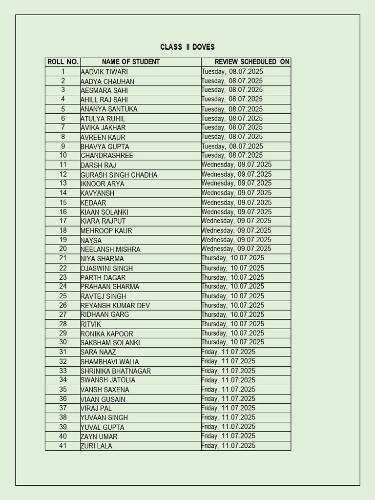 Book Review Schedule CLASS 2 DOVES | PDF
