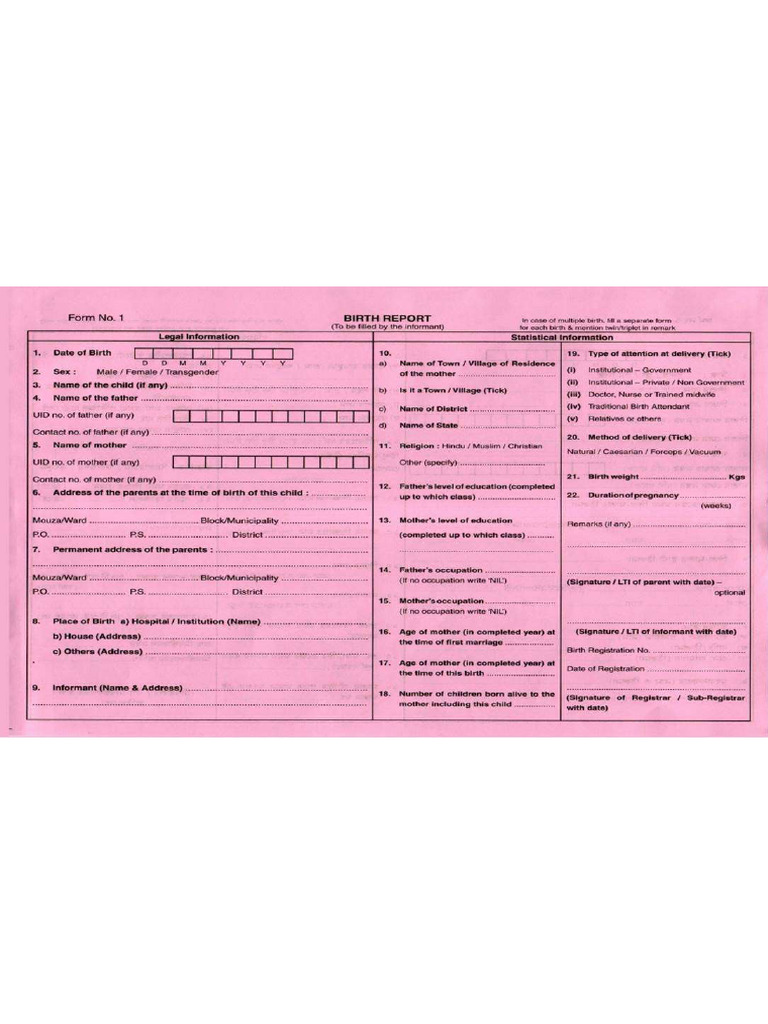 Form 1 Birth | PDF