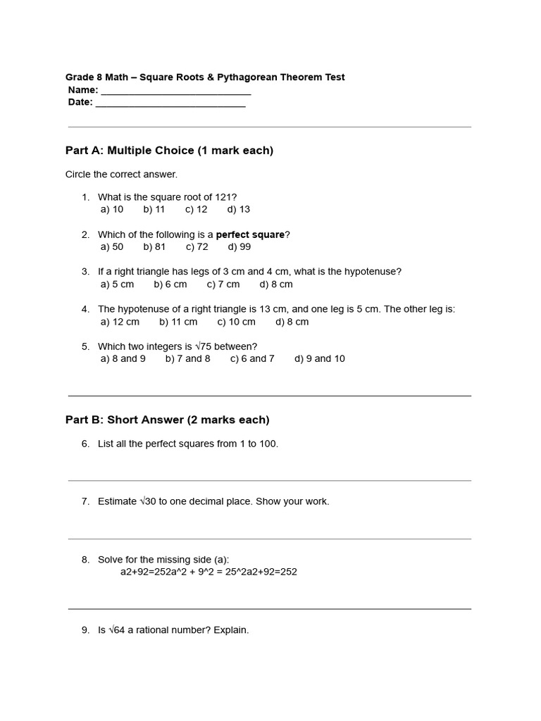 Grade 8 Math – Square Roots & Pythagorean Theorem Test | PDF