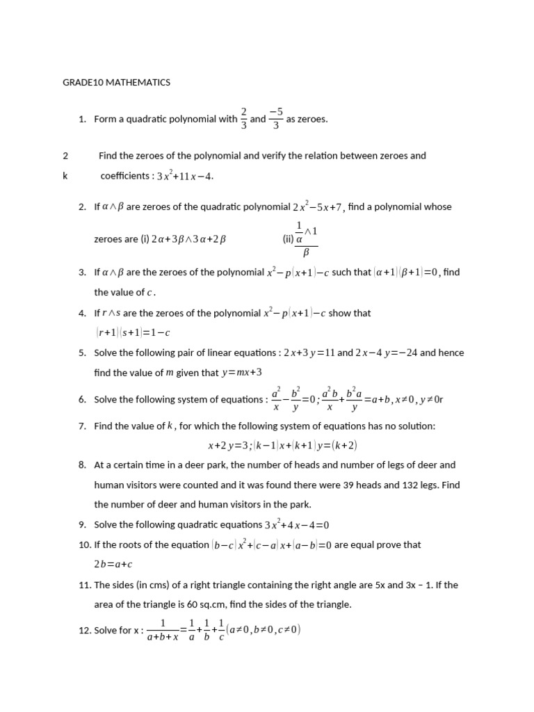 Worksheet3 Grade10 Exam Prep | PDF | Zero Of A Function | Polynomial