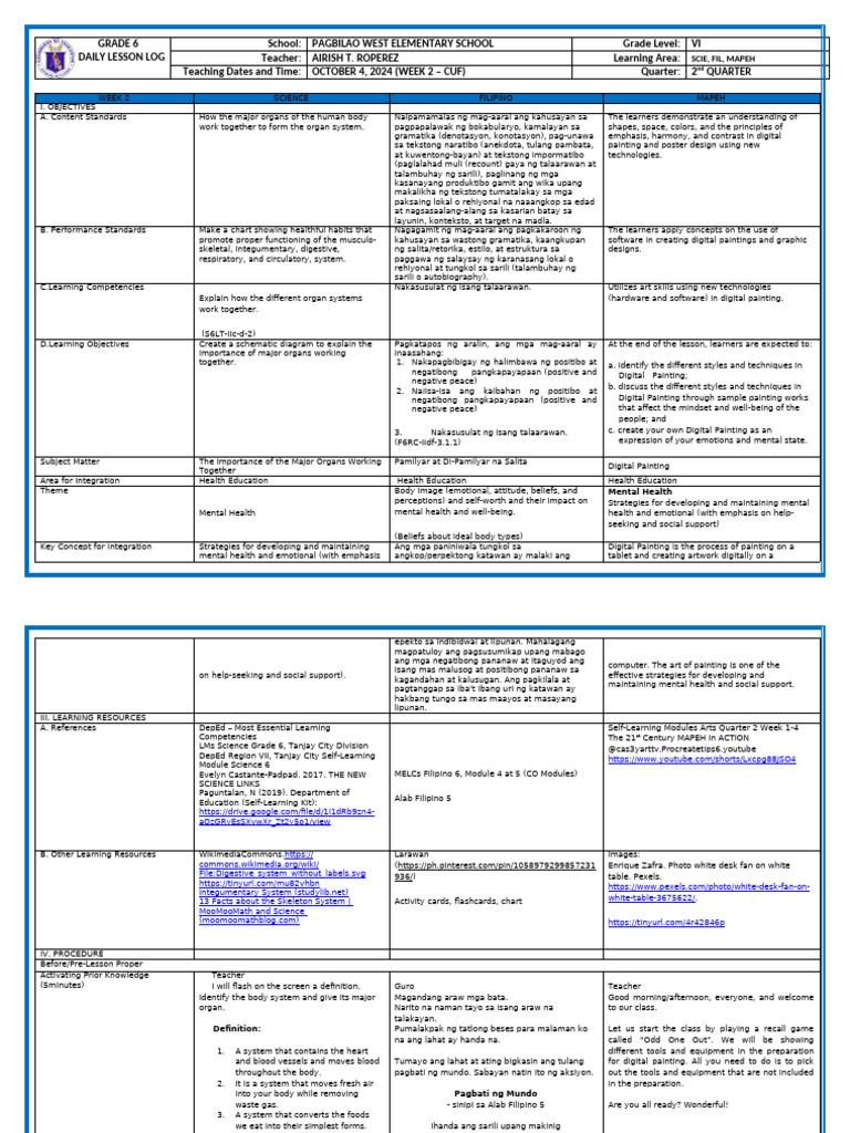 q2 Week2 Scie, Fil, Mapeh Cuf | PDF | Paintings | Well Being