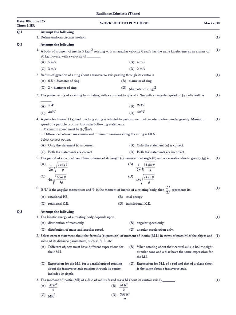 Physics Worksheet on Circular Motion | PDF | Rotation Around A Fixed ...