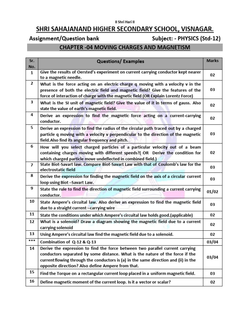 Physics Ch.-4 Assignment (Moving Charges and Magnetism) | PDF | Magnetic Field | Electric Current