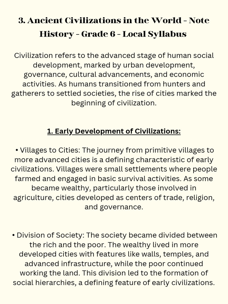 Ancient Civilizations in The World - Note History - Grade 6 - Local ...