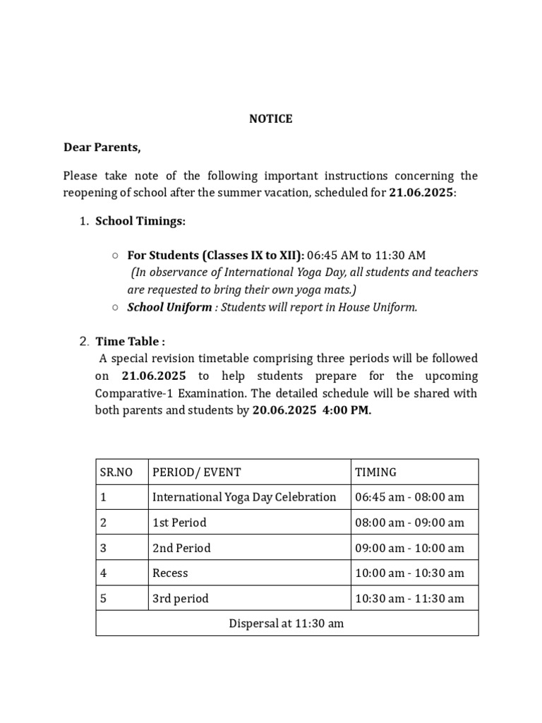School Reopening Notice for Parents | PDF