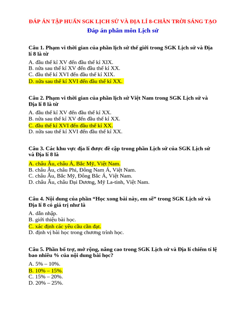 Lịch Sử Và Địa Lí 8-CTST-Đáp Án Tập Huấn SGK | PDF