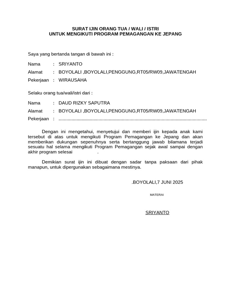 Surat Ijin Orang Tua | PDF