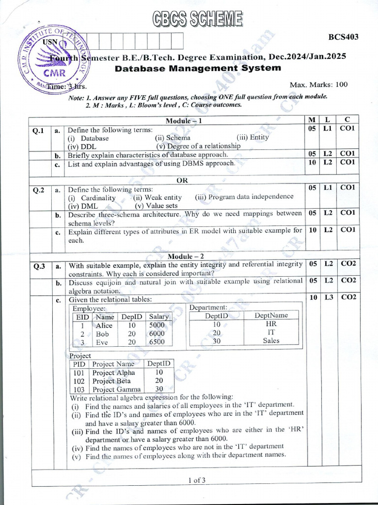 VTU Question Paper of BCS403 Database Management Systems Dec-2024 - Jan ...