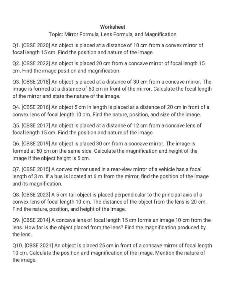 Class 10 Light Worksheet Numericals | PDF