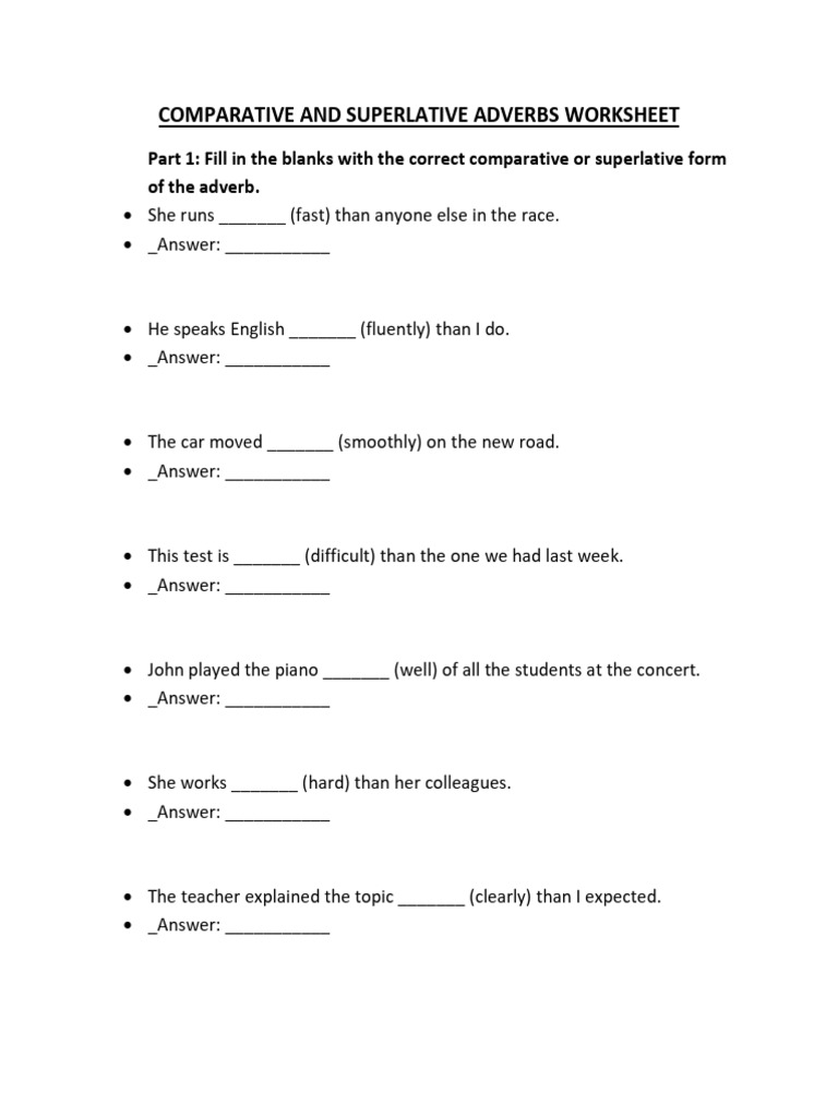 Comparative and Superlative Adverbs Worksheet | PDF | Adverb