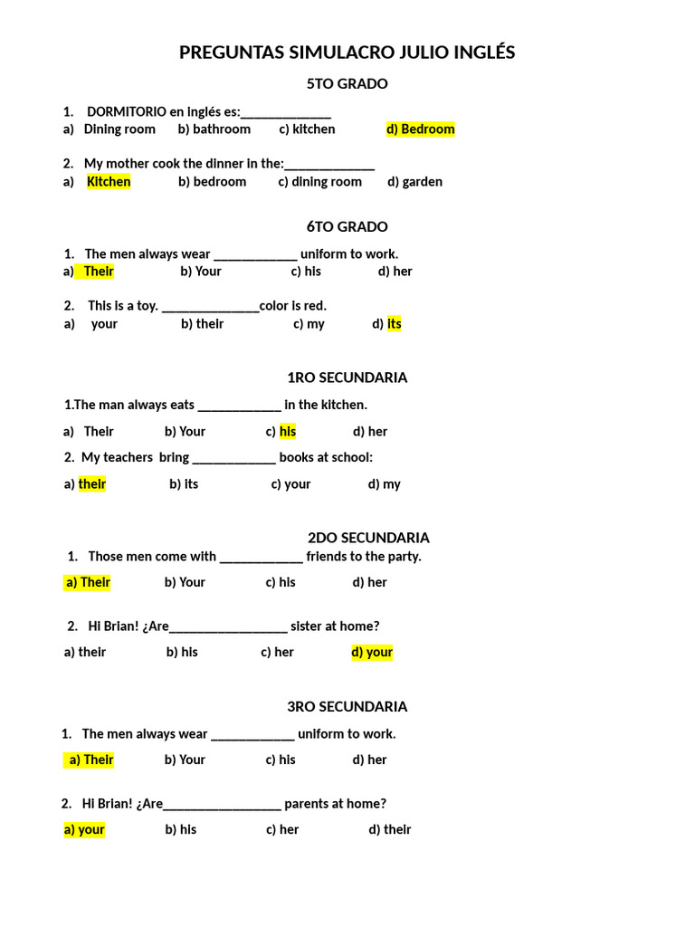 Preguntas Simulacro Julio Inglés | PDF