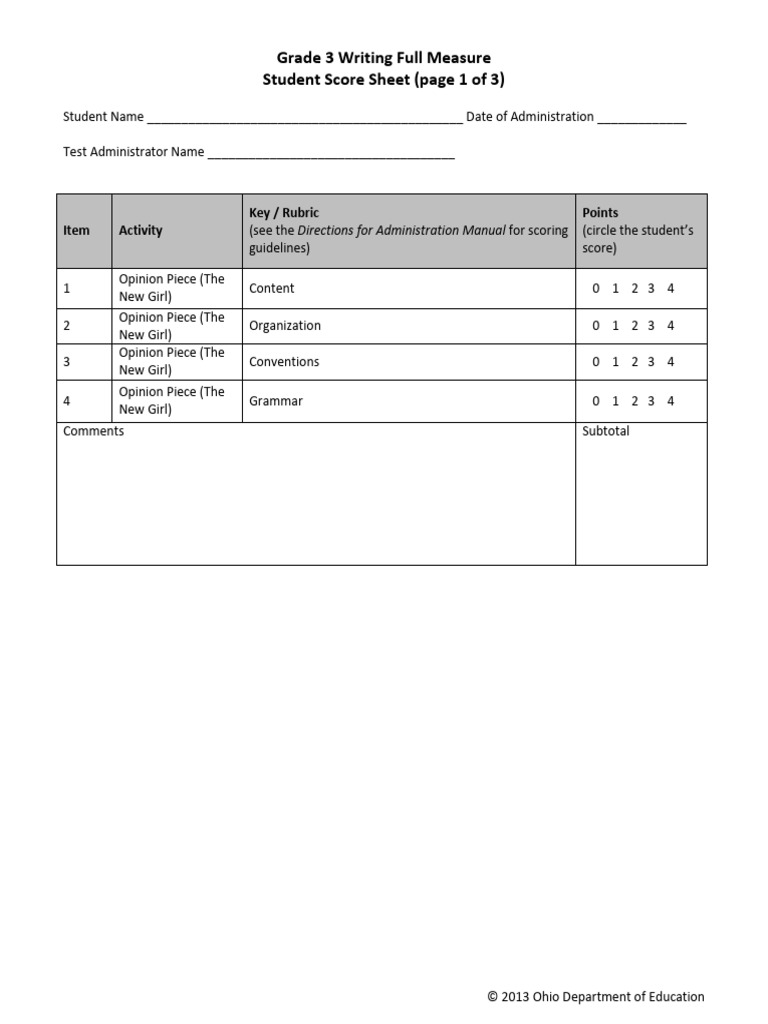 Grade 3 Writing Assessment Score Sheet | PDF | Word | Human Communication