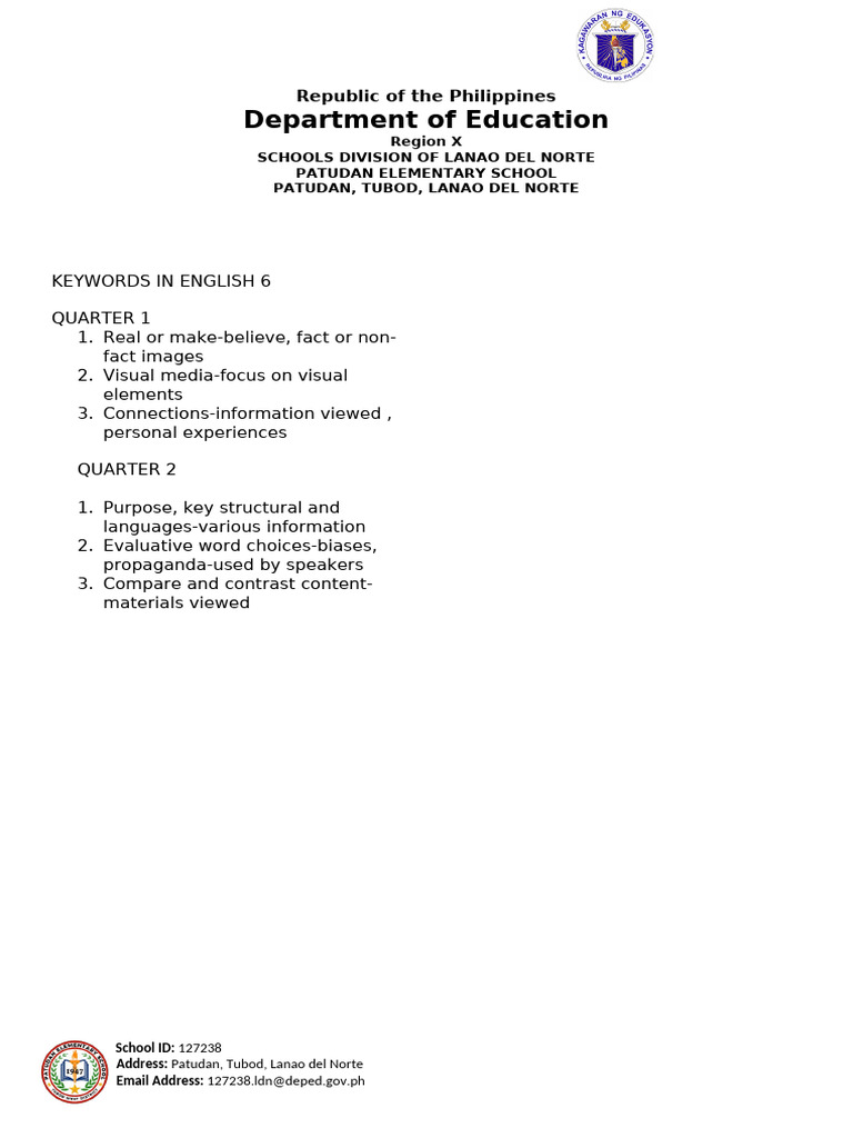 English 6 Keywords for Lanao del Norte | PDF