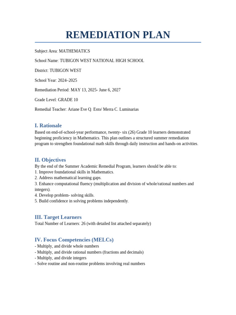Grade 10 Math Remediation Plan | PDF | Multiplication | Mathematics