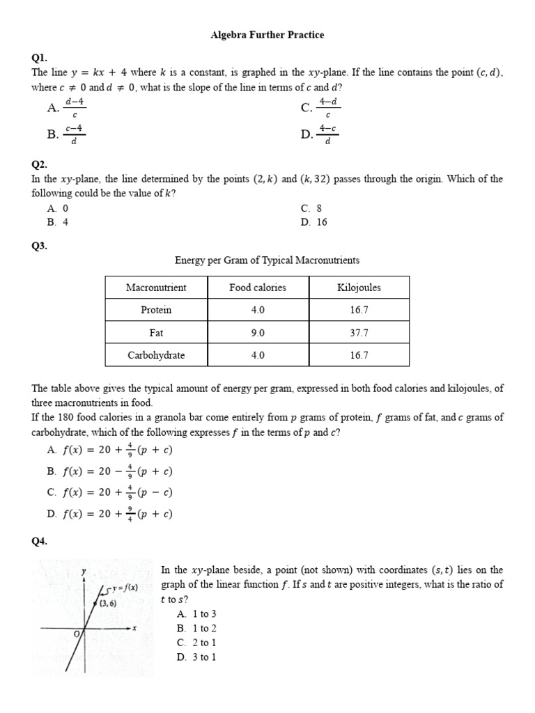 Algebra Further Practice | PDF | Calorie | Volt