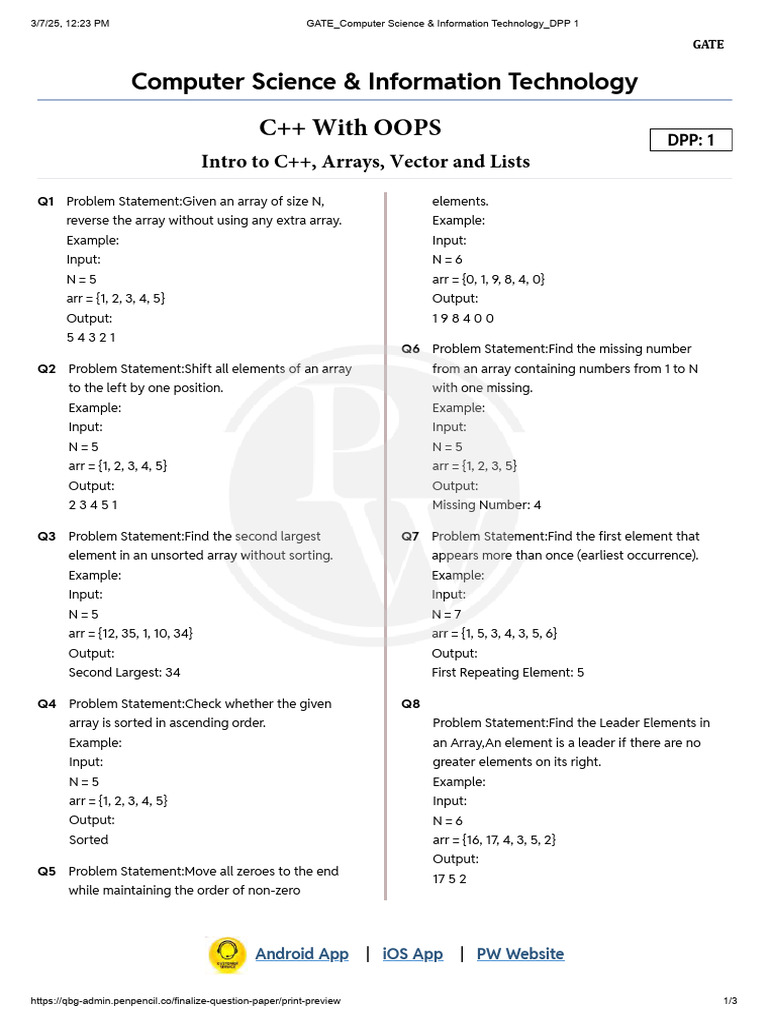 Intro To C, Arrays, Vector and Lists DPP 01 | PDF | Computer Programming | Algorithms And Data ...