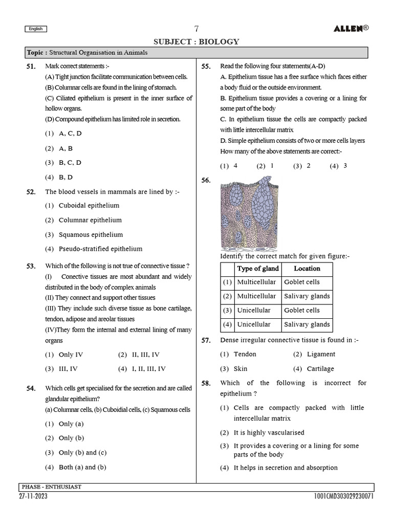 Subject: Biology: Structural Organisation in Animals | PDF | Epithelium ...