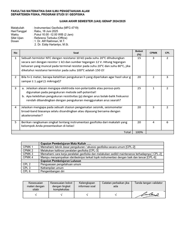 Soal UAS S1 Instrumentasi Geofisika Genap 2024 2025 | PDF