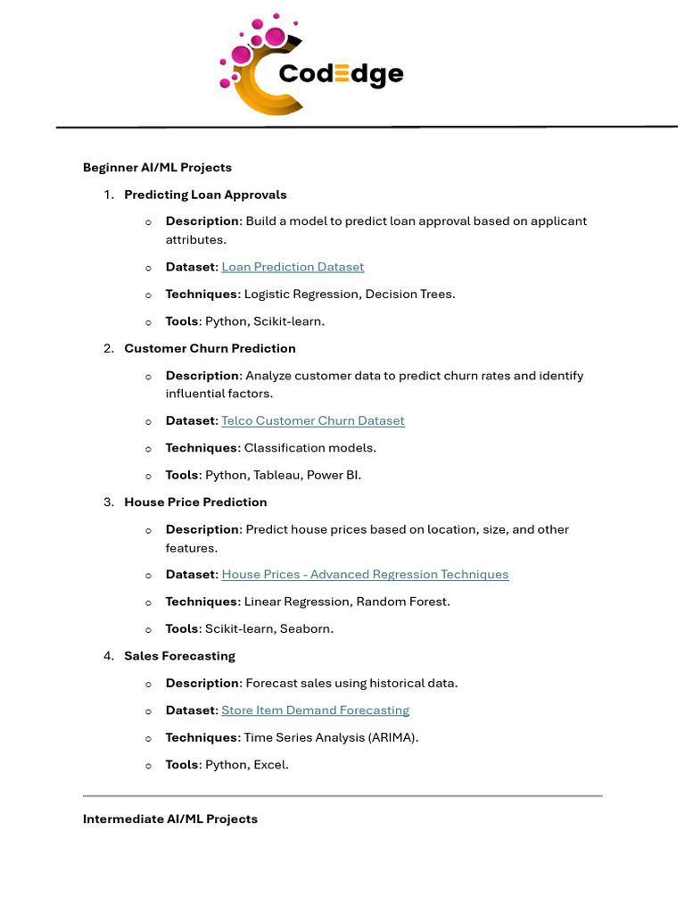 Beginner AI/ML Project Ideas | PDF | Machine Learning | Artificial ...