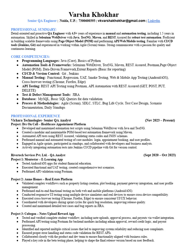 Varsha Resume Automation | PDF | Selenium (Software) | Software Testing