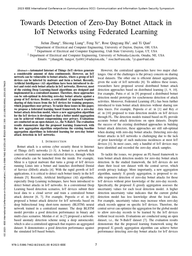 Towards Detection of Zero-Day Botnet Attack in IoT Networks Using Federated Learning | PDF ...