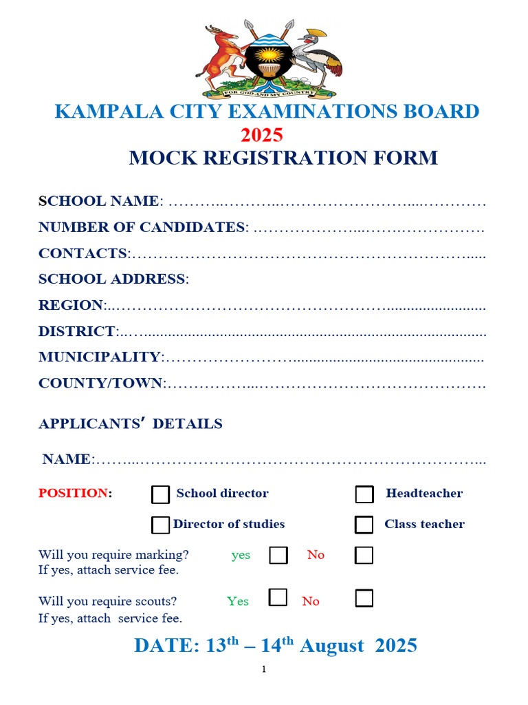 KCCA Mock Registration Form 2025 | PDF | Cheque | Payments