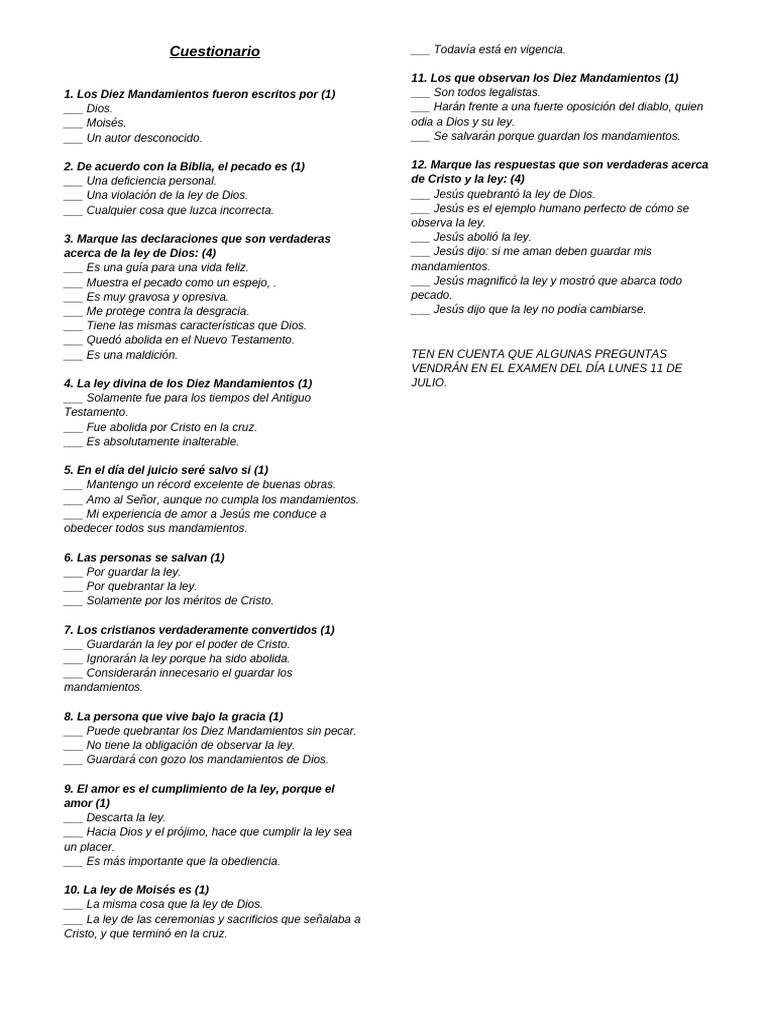 Cuestionario Mandamientos | PDF | Cristo (título) | Jesús