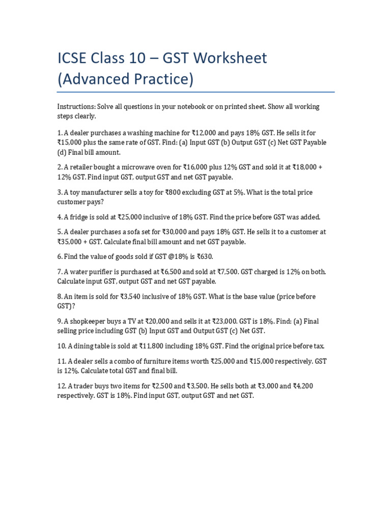 ICSE Class10 Maths GST Worksheet Advanced | PDF