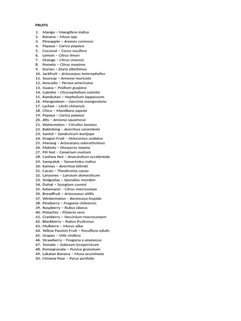 Scientific Names of Fruits and Vegetables | PDF | Broccoli | Vegetables