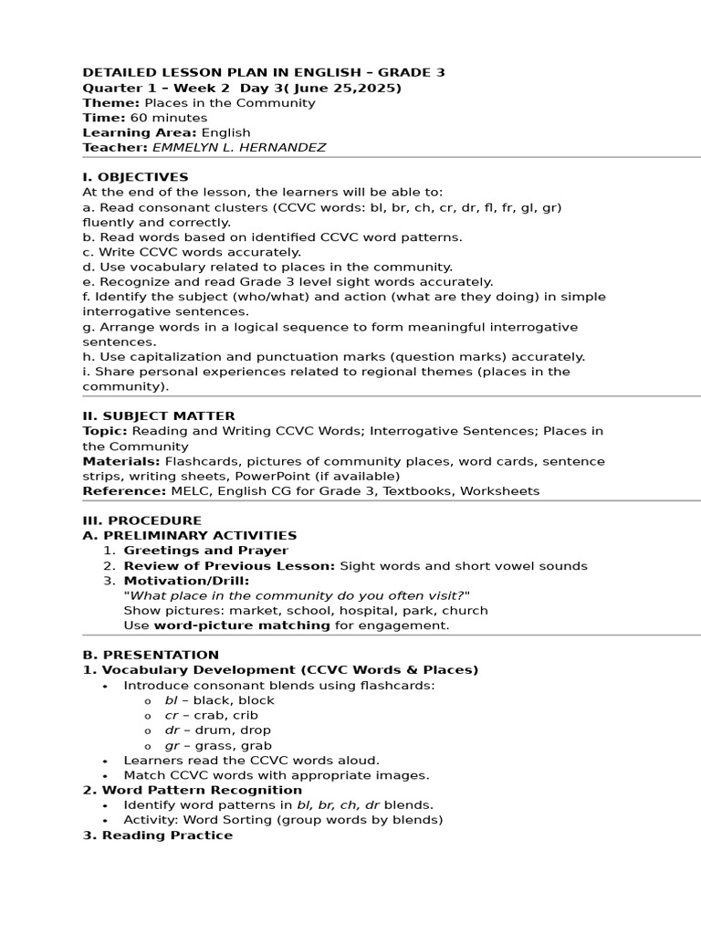 Detailed Lesson Plan in English q1 w2 Day 3 | PDF | English Language ...