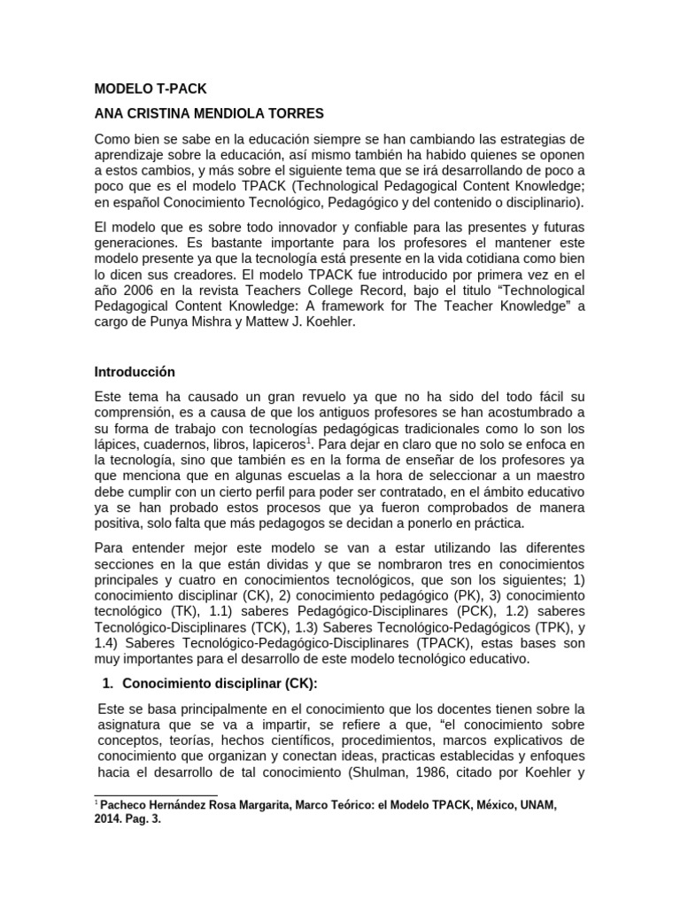 Articulo Modelo Tpack - Anacristinamendiolatorres | PDF | Enseñando | Conocimiento
