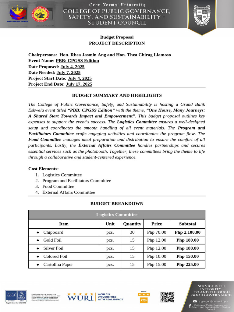 PBB - Cpgss Edition - Budget Proposal | PDF | Logistics