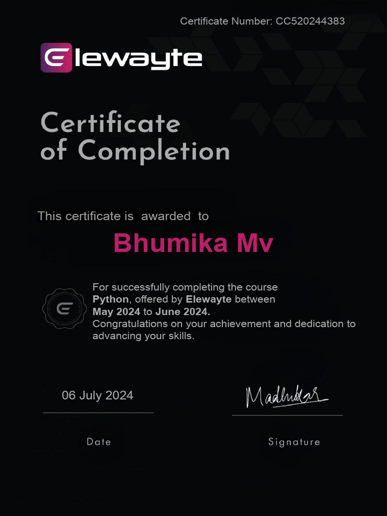Certificate For Bhumika MV | PDF
