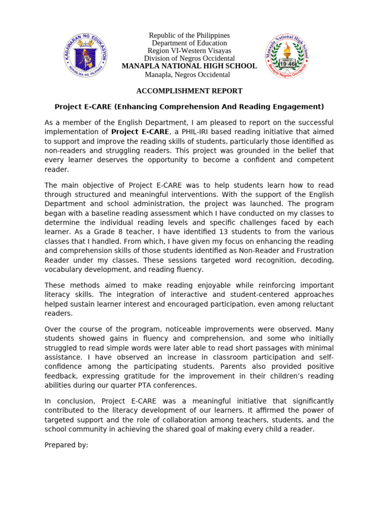 Accomplishment Report | PDF | Reading Comprehension | Learning