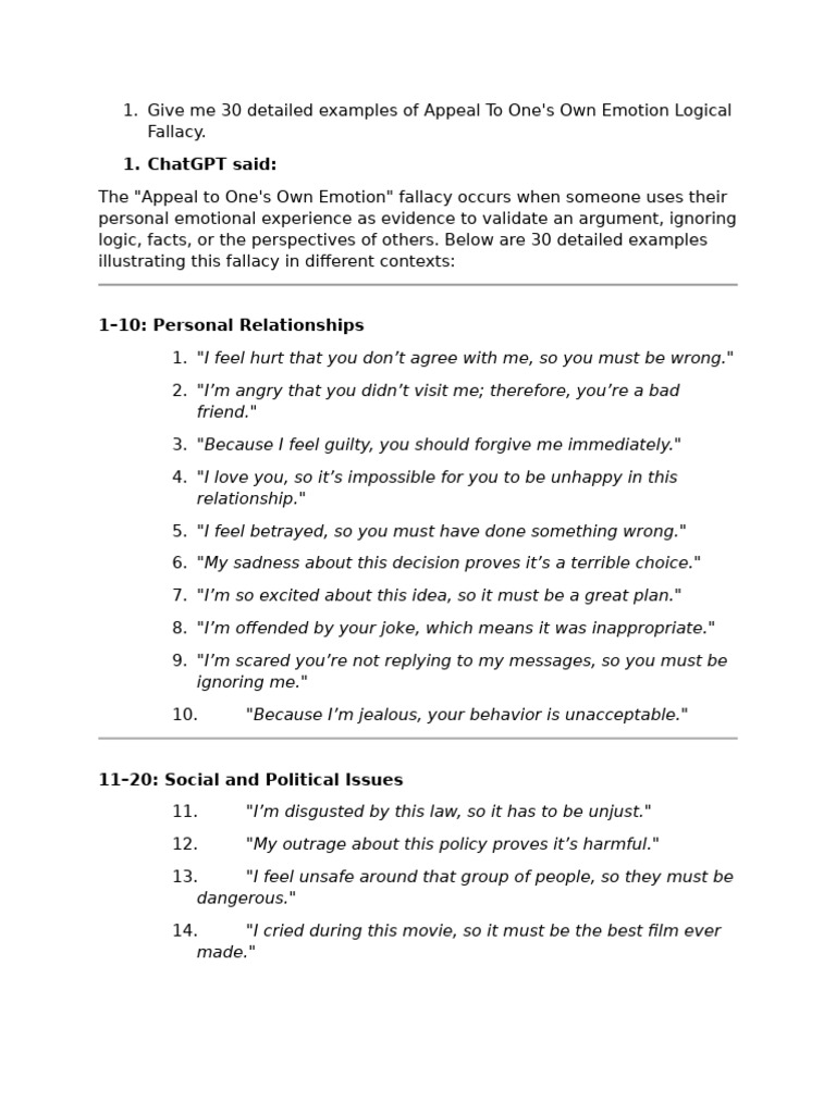 Examples of Emotional Fallacy Usage | PDF | Fallacy | Reason