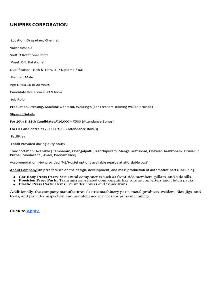 Unipres India Job Openings in Chennai | PDF
