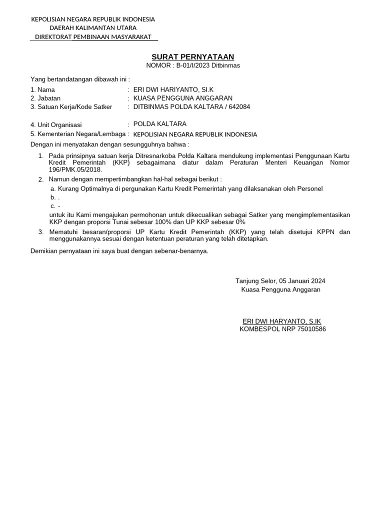 Surat Pernyataan Up Non KKP | PDF