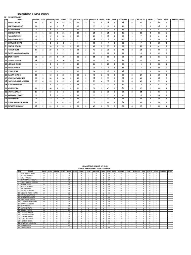 Grade 8 Results for 2025 Assessment | PDF