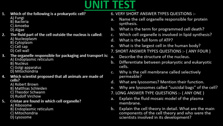 Cell Biology Unit Test Questions | PDF