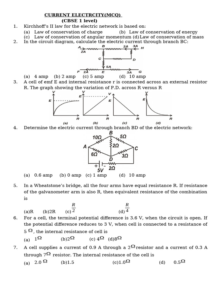 Current Electricity MCQ 24 Cbse Level 1 | PDF | Resistor | Electricity