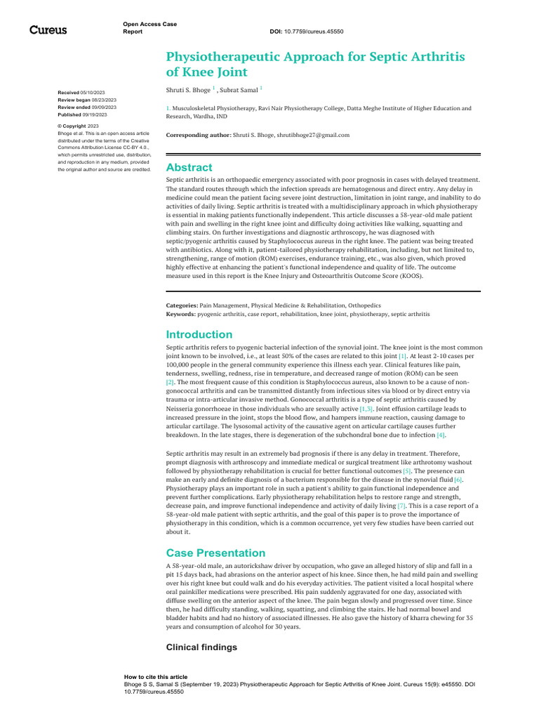 Physiotherapy for Knee Septic Arthritis | PDF | Knee | Physical Therapy