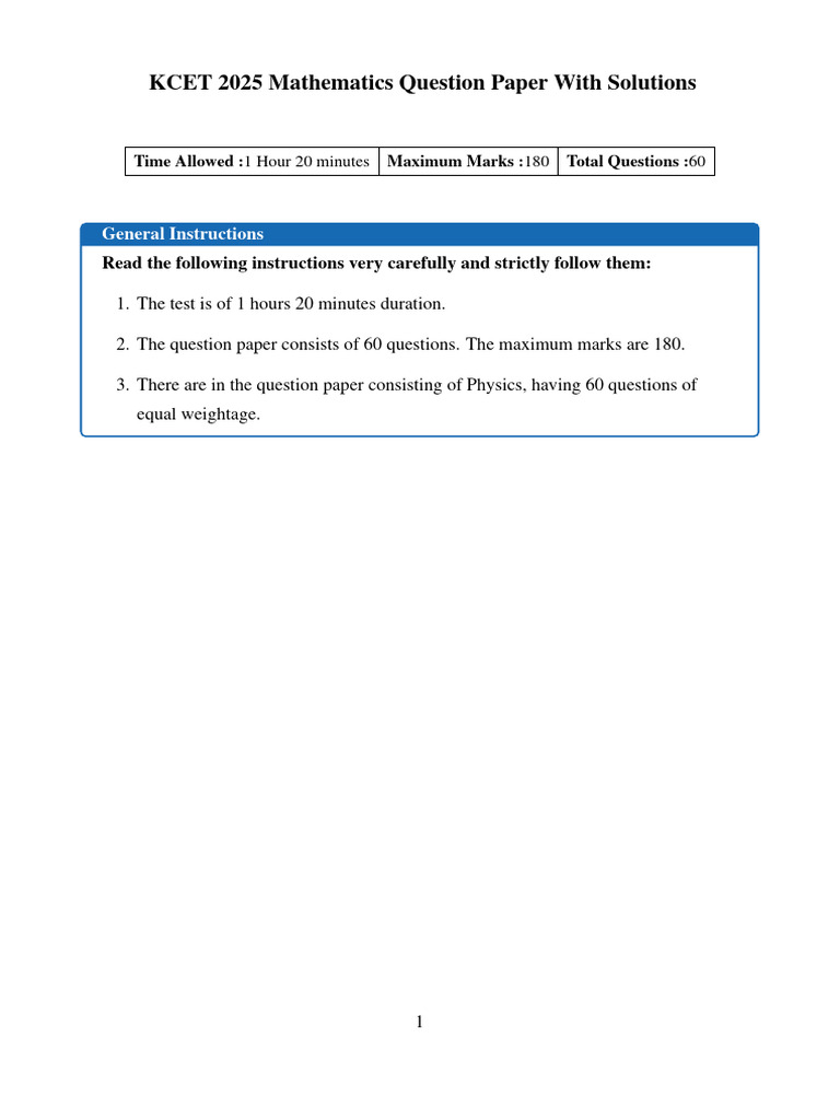 KCET 2025 Math Question Paper & Solutions | PDF | Inequality ...